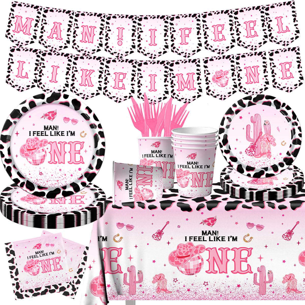 Western Cowgirl Birthday Party Decoration,142Pcs Pink Disco Cowgirl 1st Tableware Set I’m One Cowgirl Plates Napkins Cowgirl Tablecloth for My First Rodeo Let’s Go Cowgirl 1st Baby Shower Decoration