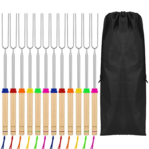 Marshmallow Roasting Sticks 32 inches Telescoping Marshmallow Skewers & Hot Dog Forks Stainless Steel Smores Skewers with Wooden Handle Storage Bag for Campfire Camping Bonfire and Grill(12 Pack )