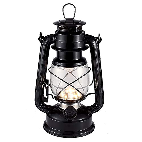 Vintage LED Hurricane Lantern, Warm White Battery Operated Lantern, Antique Metal Hanging Lantern with Dimmer Switch, 15 LEDs, 150 Lumen for Indoor or Outdoor Usage (Black)