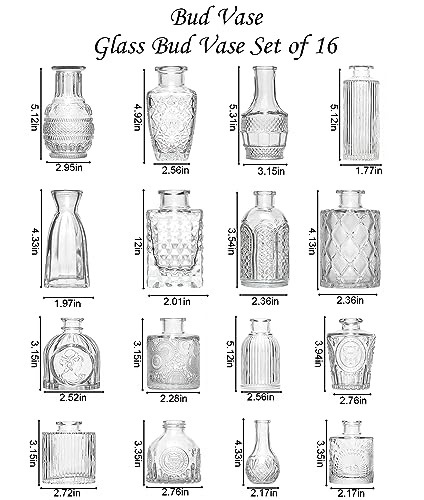Glass Bud Vases Set of 16 Pcs, Small Bud Vases in Bulk, Christmas Decoration Vases for Centerpieces, Clear Bud Vases for Rustic Wedding Centerpieces, Home Table Flower Decor
