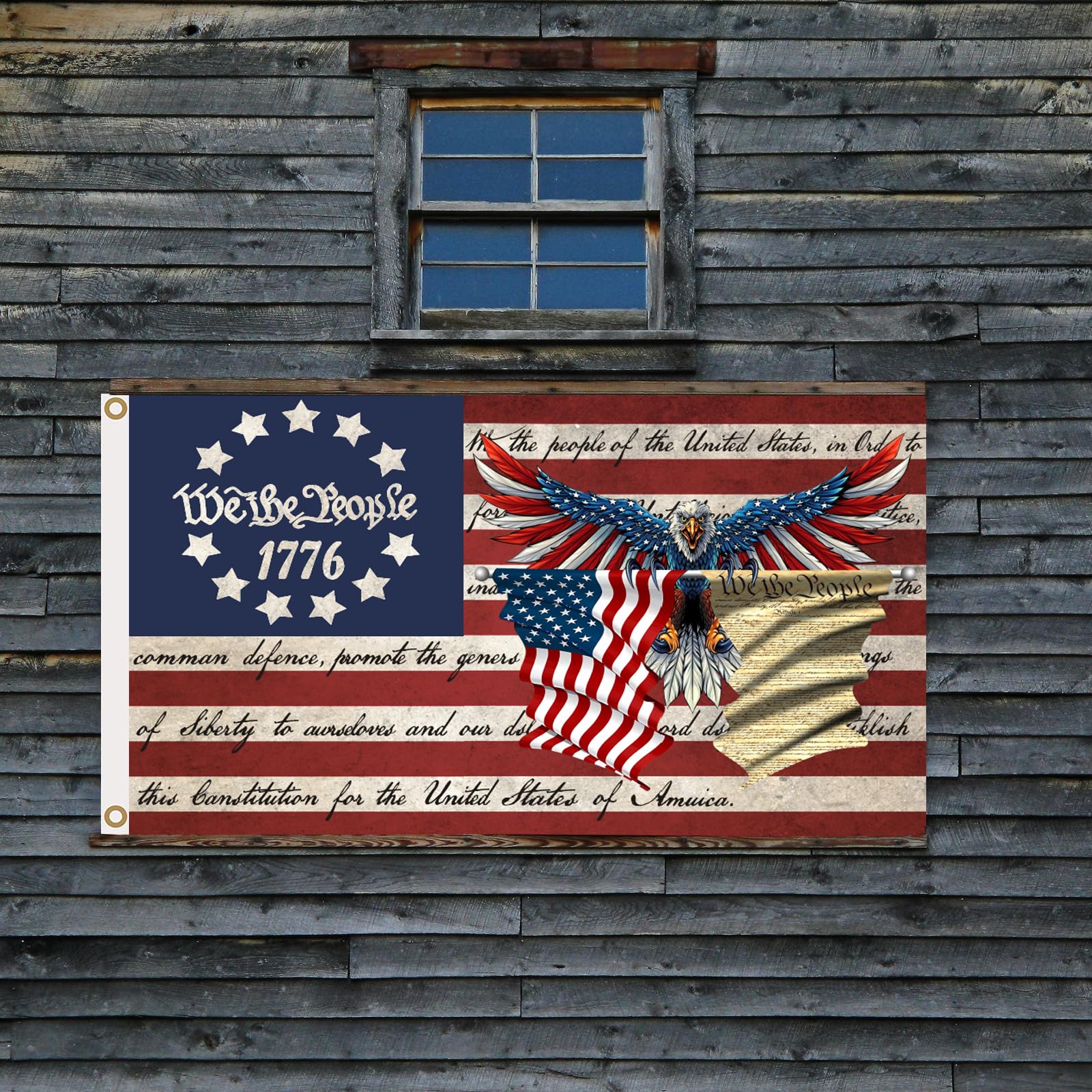 Unique American Eagle Flag Flag For Outside With Brass Grommets, Rustic Bald Eagle With America Flag Outdoor, Double Printed Patriotic USA Military Flags Banner With UV Fade Proof