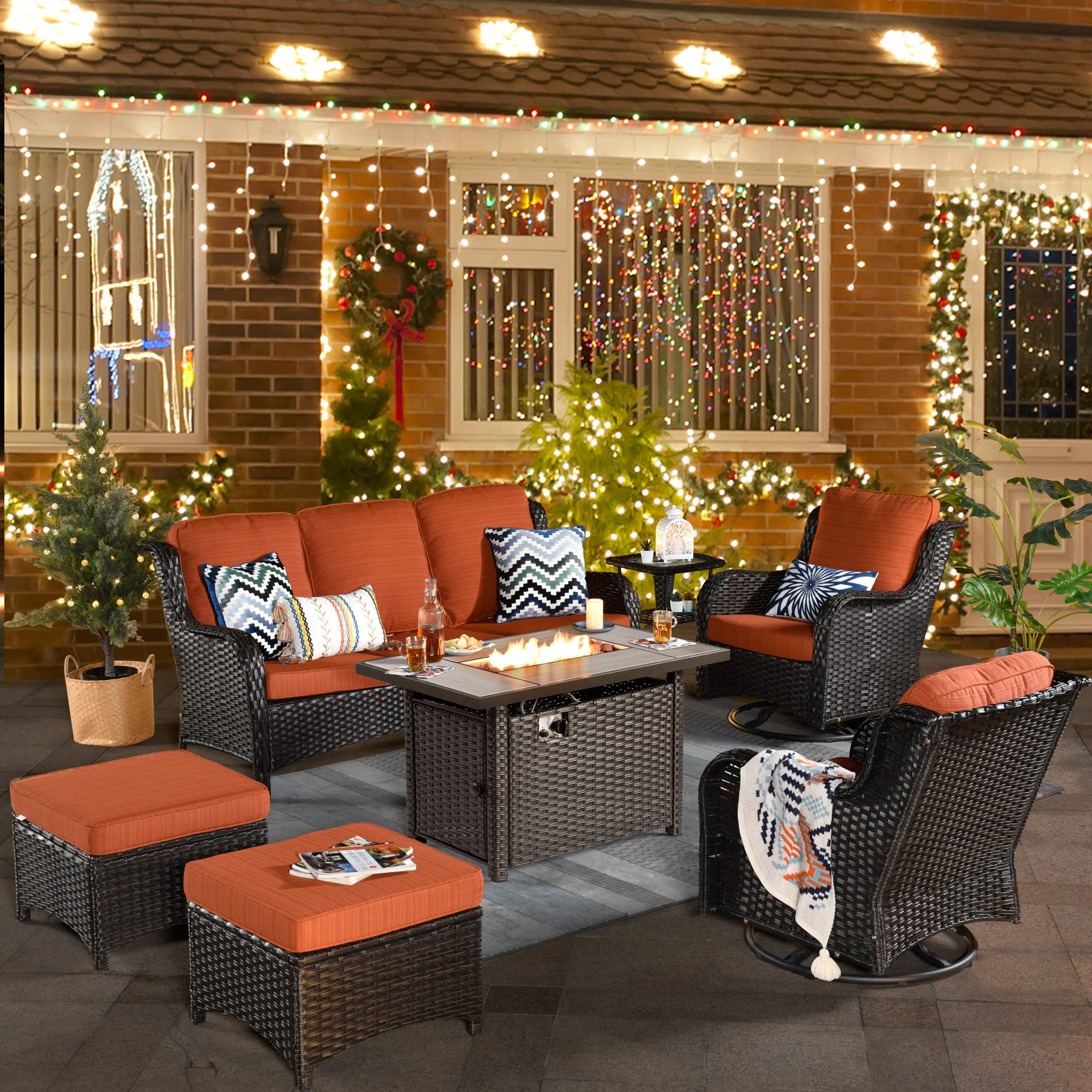 Patio Furniture Set 7 Pieces Swivel Rocking Chairs with 50,000 BTU Propane Fire Pit Table Outdoor Wicker Conversation Sofa Couch and Matching Side Table and Ottomans,Brown Wicker Orange Red