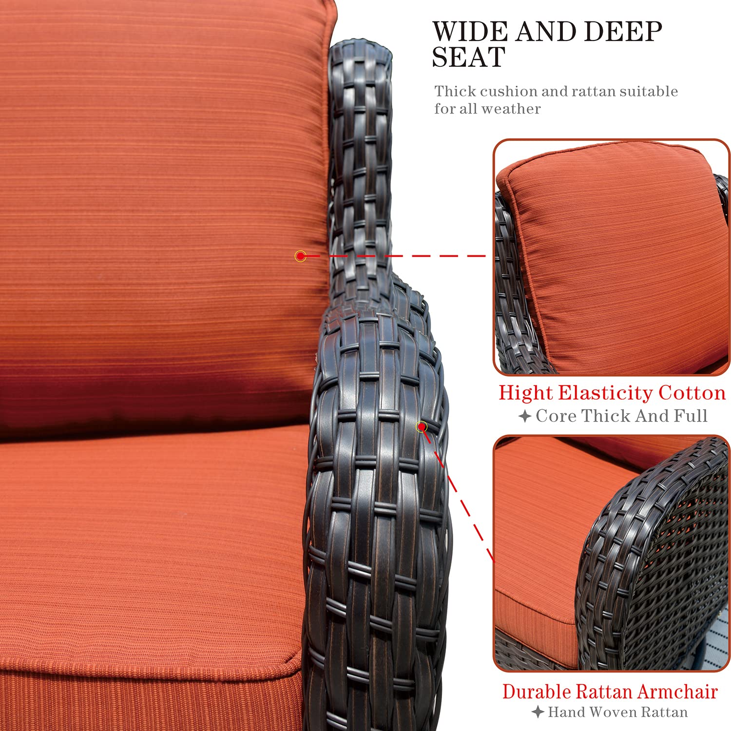 Patio Furniture Set 7 Pieces Swivel Rocking Chairs with 50,000 BTU Propane Fire Pit Table Outdoor Wicker Conversation Sofa Couch and Matching Side Table and Ottomans,Brown Wicker Orange Red