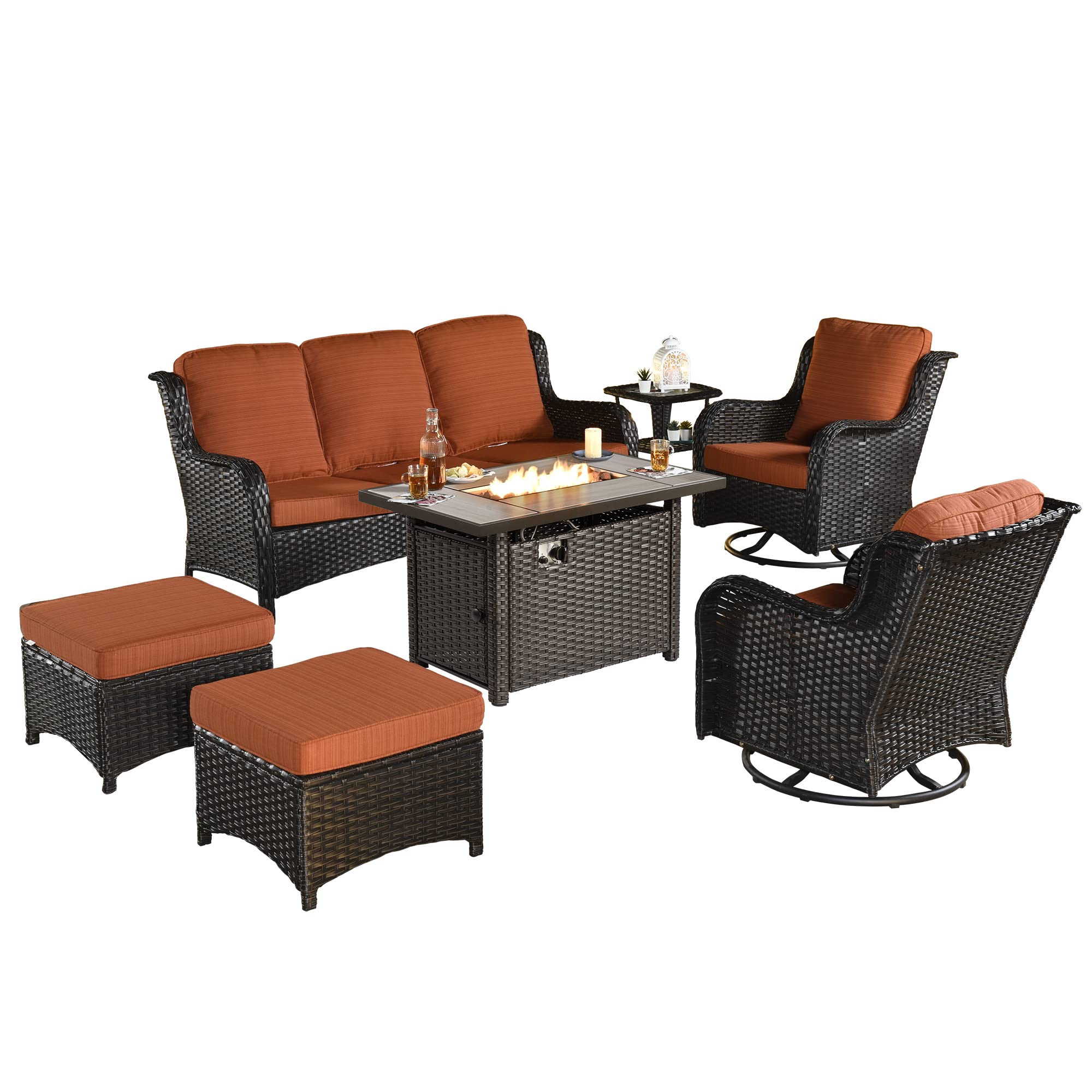 Patio Furniture Set 7 Pieces Swivel Rocking Chairs with 50,000 BTU Propane Fire Pit Table Outdoor Wicker Conversation Sofa Couch and Matching Side Table and Ottomans,Brown Wicker Orange Red