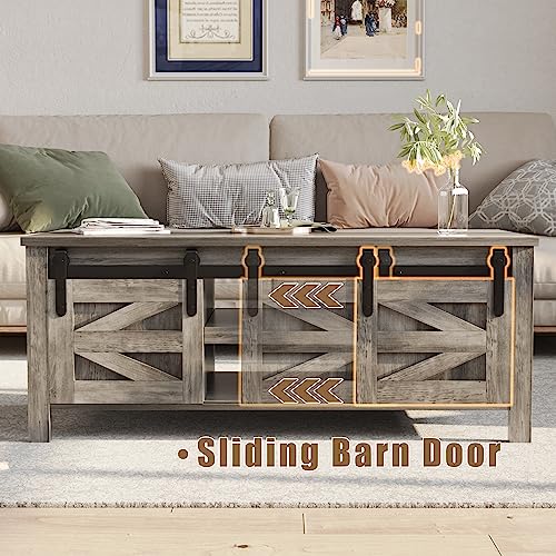 Furmax Coffee Table with Storage and Sliding Barn Doors, Farmhouse Living Room Table with Adjustable Shelves, Wood Rustic Center Table for Home Living Meeting Room (Light Rustic Oak)