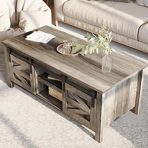 Furmax Coffee Table with Storage and Sliding Barn Doors, Farmhouse Living Room Table with Adjustable Shelves, Wood Rustic Center Table for Home Living Meeting Room (Light Rustic Oak)