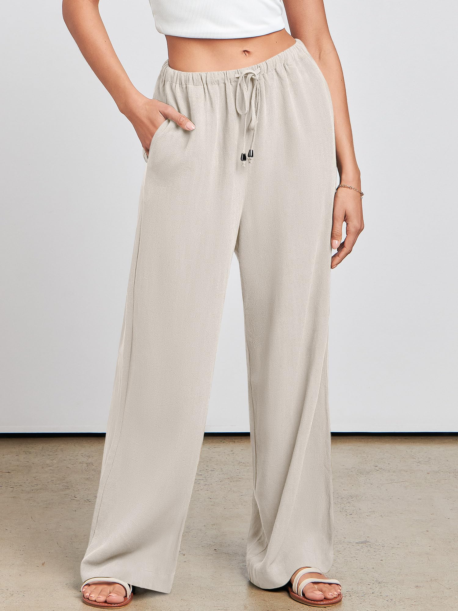 ANRABESS Women's Linen Summer Palazzo Pants Elastic Waist Casual Beach Trendy Wide Leg Trousers with Pockets Large Apricot