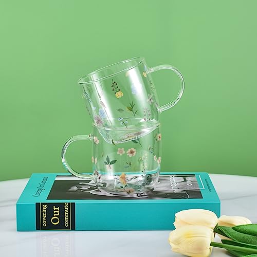 Koythin Flowers Coffee Glass Mug, Cute Espresso Cup, Drinking Glasses Breakfast Cups with Handle, 12oz Perfect for Coffee Juice Tea Latte Cappuccino (Green Leaf Pink Flower)
