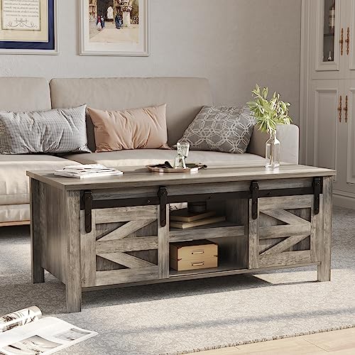 Furmax Coffee Table with Storage and Sliding Barn Doors, Farmhouse Living Room Table with Adjustable Shelves, Wood Rustic Center Table for Home Living Meeting Room (Light Rustic Oak)