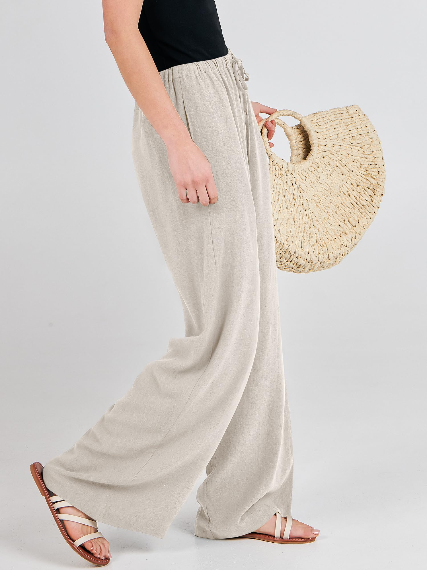 ANRABESS Women's Linen Summer Palazzo Pants Elastic Waist Casual Beach Trendy Wide Leg Trousers with Pockets Large Apricot