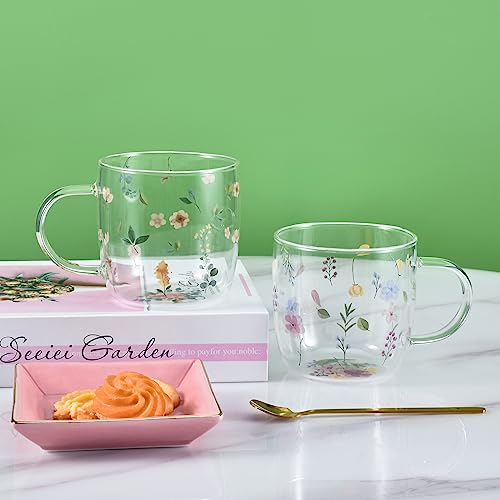 Koythin Flowers Coffee Glass Mug, Cute Espresso Cup, Drinking Glasses Breakfast Cups with Handle, 12oz Perfect for Coffee Juice Tea Latte Cappuccino (Green Leaf Pink Flower)