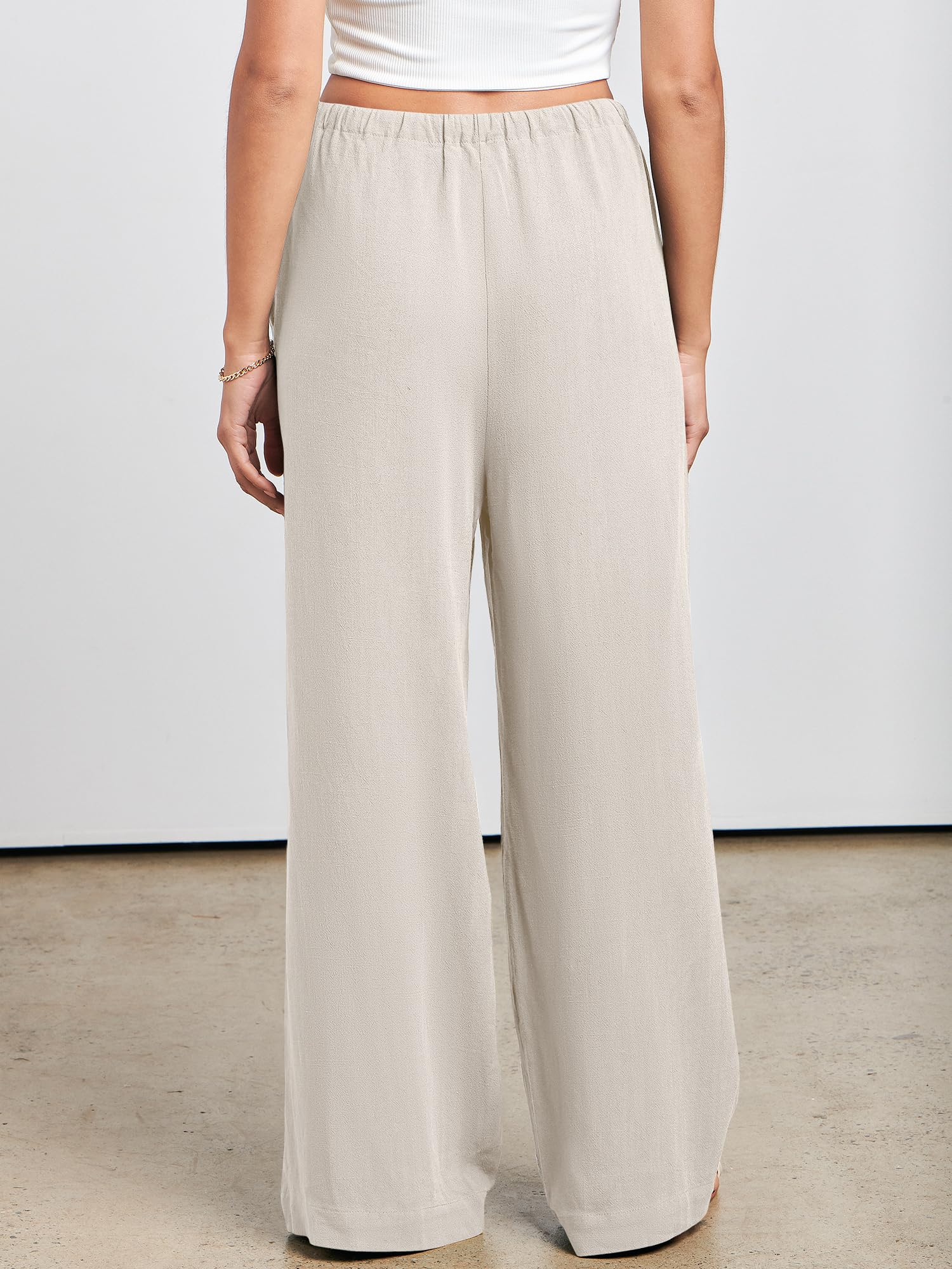 ANRABESS Women's Linen Summer Palazzo Pants Elastic Waist Casual Beach Trendy Wide Leg Trousers with Pockets Large Apricot