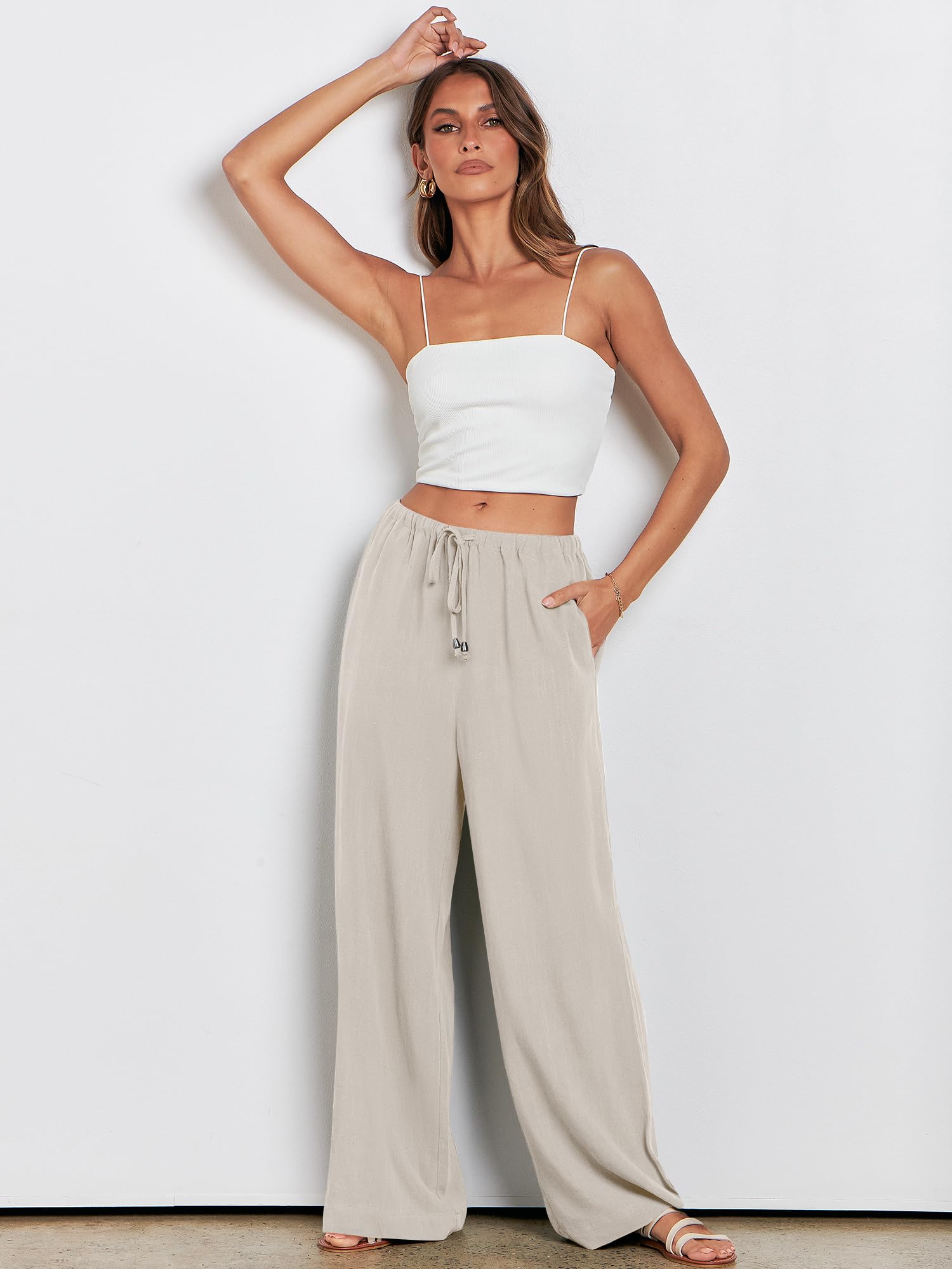 ANRABESS Women's Linen Summer Palazzo Pants Elastic Waist Casual Beach Trendy Wide Leg Trousers with Pockets Large Apricot