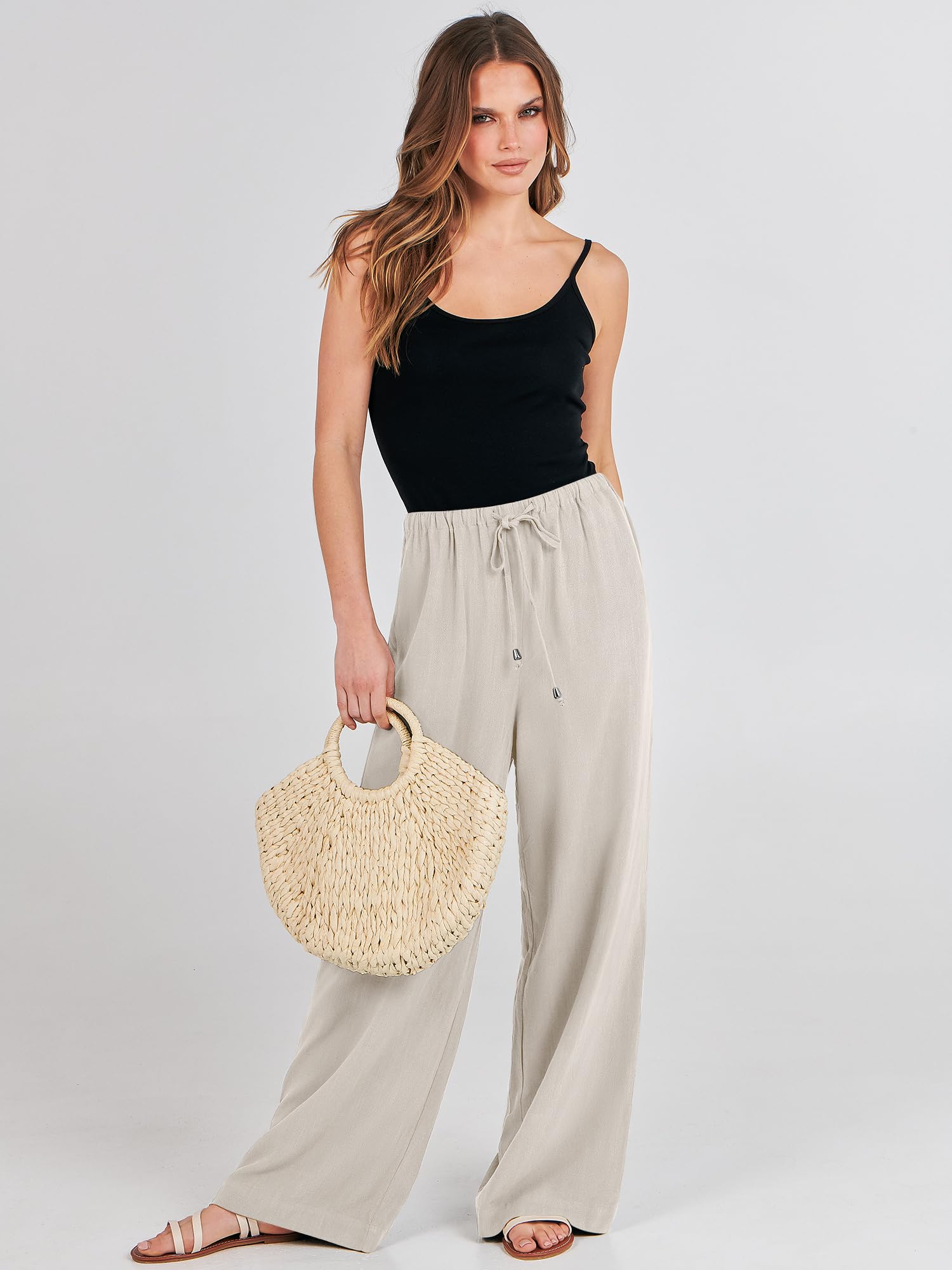 ANRABESS Women's Linen Summer Palazzo Pants Elastic Waist Casual Beach Trendy Wide Leg Trousers with Pockets Large Apricot