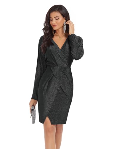 GRACE KARIN Glitter Long Sleeve V Neck Sparkle Wrap Dress Ruched Bodycon Dress Batwing Sleeve Black XXL