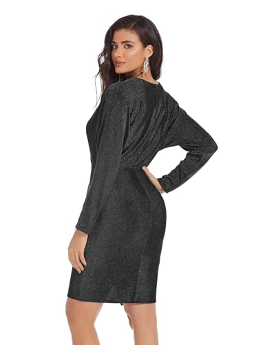 GRACE KARIN Glitter Long Sleeve V Neck Sparkle Wrap Dress Ruched Bodycon Dress Batwing Sleeve Black XXL