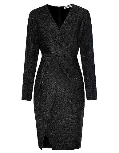 GRACE KARIN Glitter Long Sleeve V Neck Sparkle Wrap Dress Ruched Bodycon Dress Batwing Sleeve Black XXL