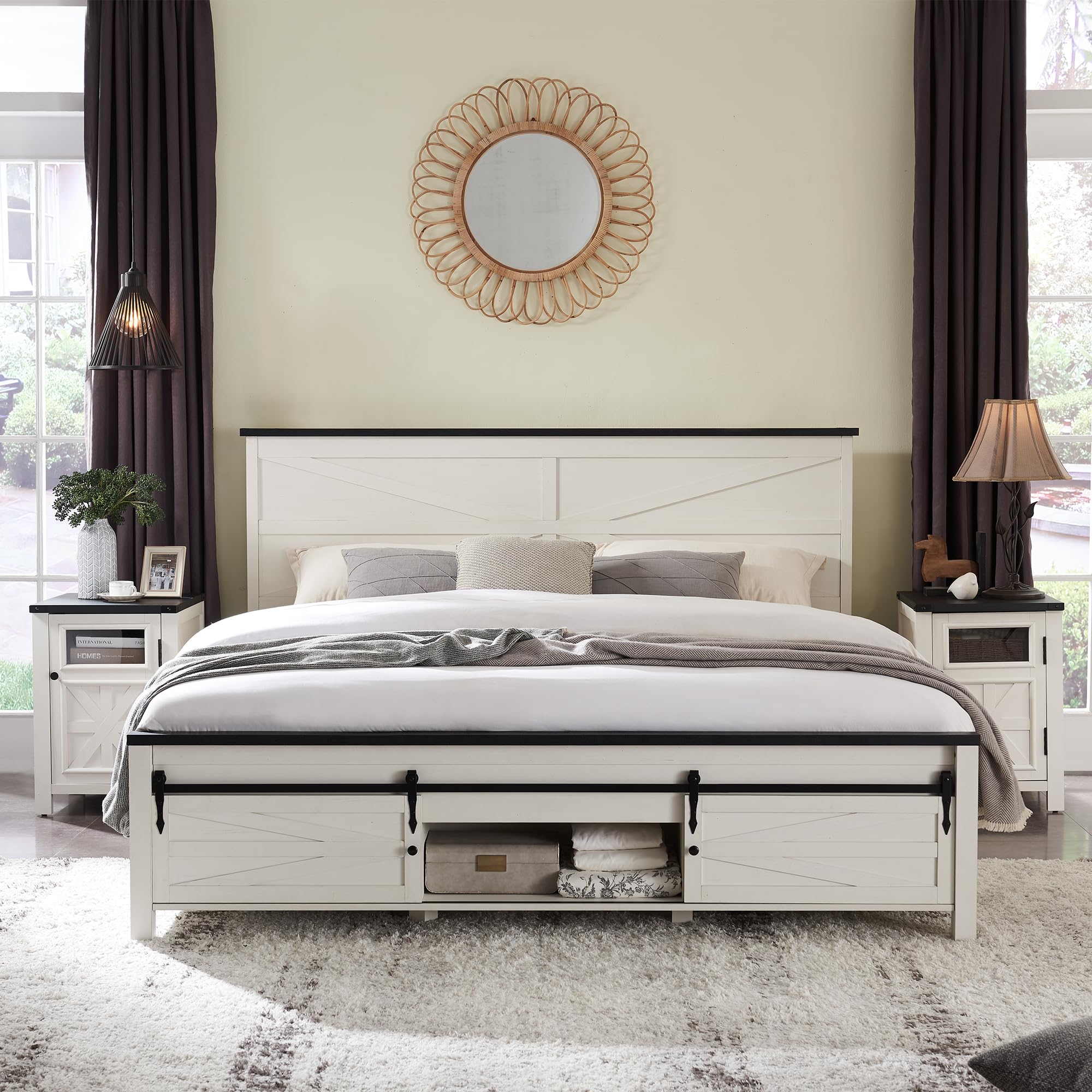 JXQTLINGMU Farmhouse Wood Bed Frame King Size with Sliding Barn Door Storage Cabinets and Headboard, Solid Wood Slats Support, Noiseless, No Box Spring Needed, Antique White