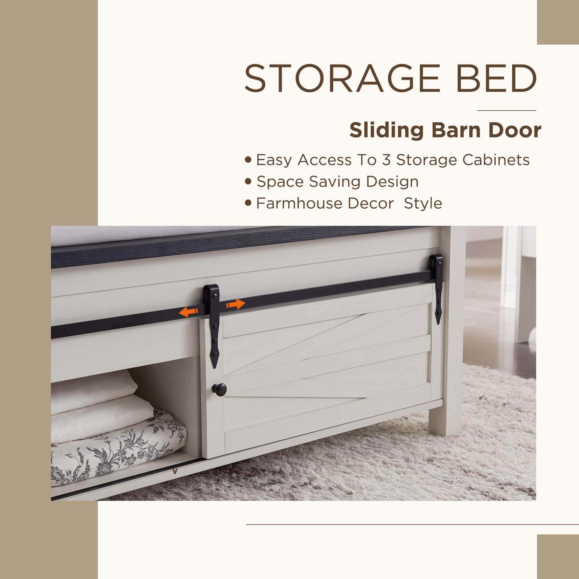 JXQTLINGMU Farmhouse Wood Bed Frame King Size with Sliding Barn Door Storage Cabinets and Headboard, Solid Wood Slats Support, Noiseless, No Box Spring Needed, Antique White