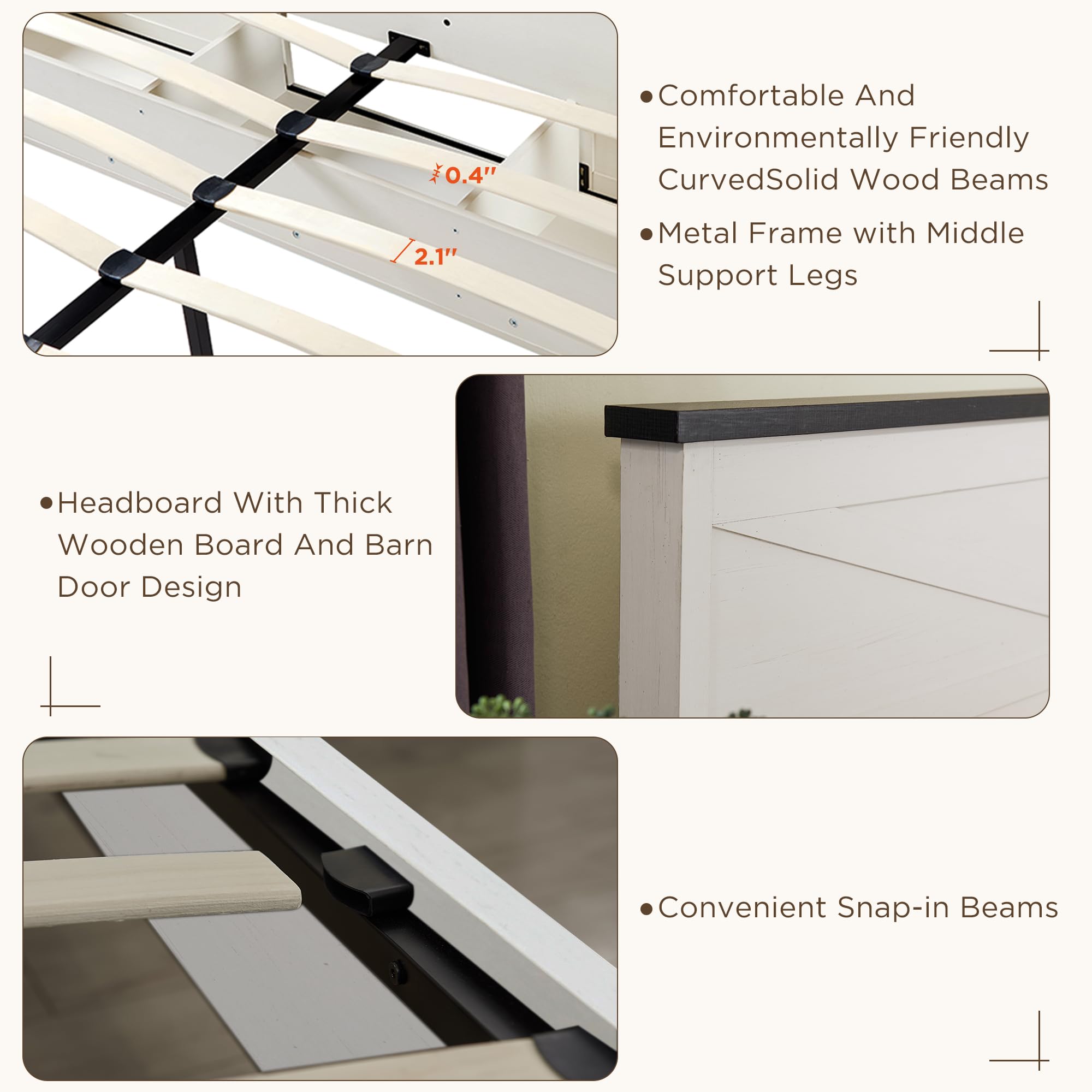 JXQTLINGMU Farmhouse Wood Bed Frame King Size with Sliding Barn Door Storage Cabinets and Headboard, Solid Wood Slats Support, Noiseless, No Box Spring Needed, Antique White