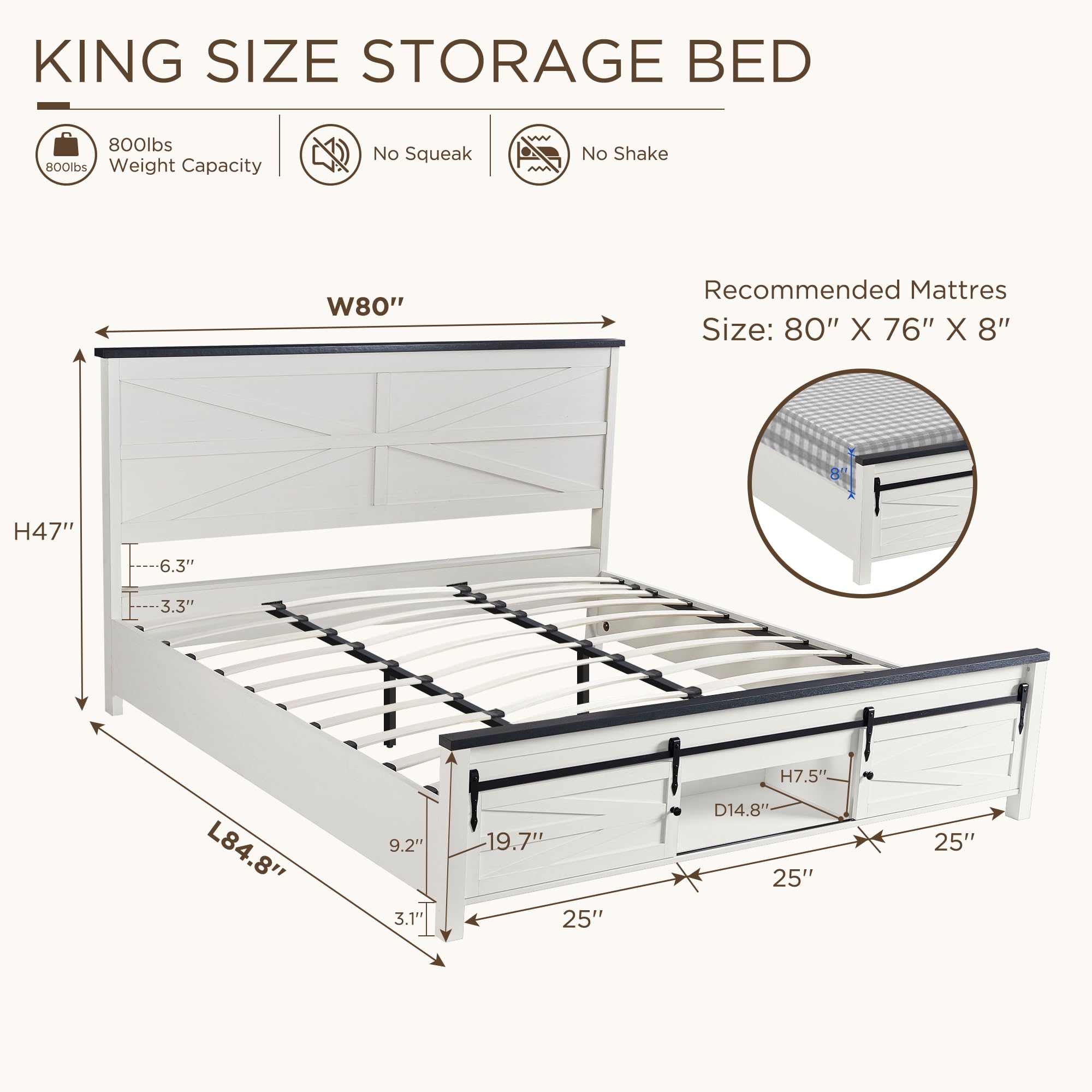 JXQTLINGMU Farmhouse Wood Bed Frame King Size with Sliding Barn Door Storage Cabinets and Headboard, Solid Wood Slats Support, Noiseless, No Box Spring Needed, Antique White