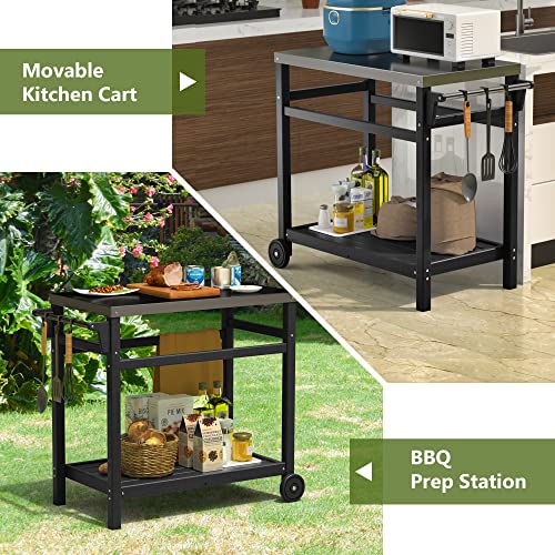 Outdoor Prep Dining Table,Movable Pizza Oven Stand, Stainless Steel Patio Bar Cart,Patio Grilling Backyard BBQ Grill Cart,Dark Gray Tabletop(Black)