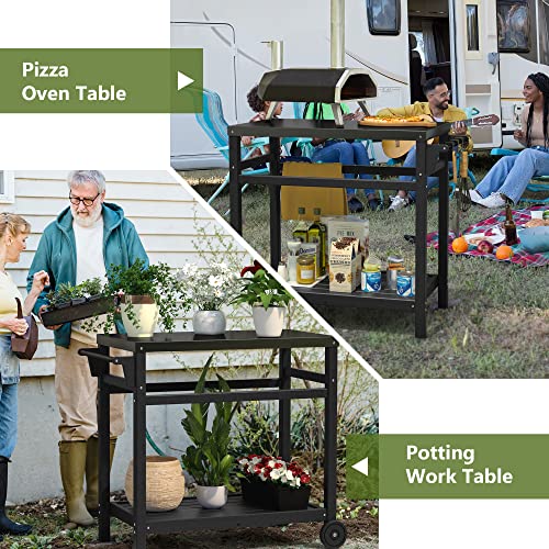 Outdoor Prep Dining Table,Movable Pizza Oven Stand, Stainless Steel Patio Bar Cart,Patio Grilling Backyard BBQ Grill Cart,Dark Gray Tabletop(Black)