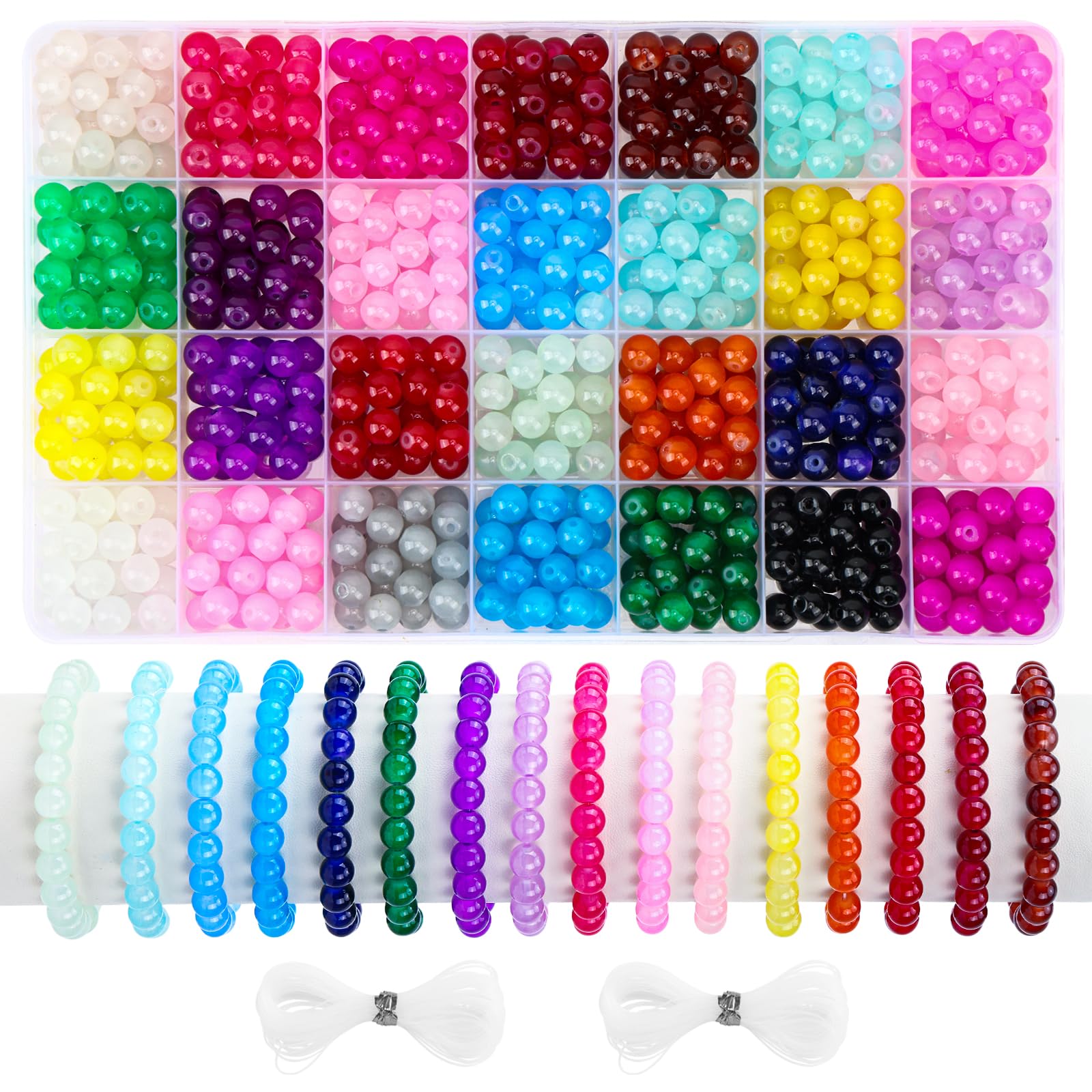QUEFE 700pcs Glass Beads Kit for Jewelry Making, 28 Colors 8mm Crystal Beads Bulk for Bracelet DIY Crafts