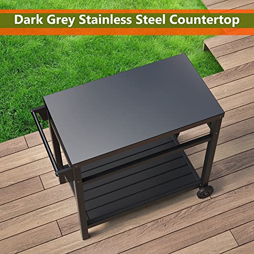 Outdoor Prep Dining Table,Movable Pizza Oven Stand, Stainless Steel Patio Bar Cart,Patio Grilling Backyard BBQ Grill Cart,Dark Gray Tabletop(Black)