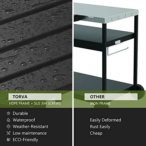 Outdoor Prep Dining Table,Movable Pizza Oven Stand, Stainless Steel Patio Bar Cart,Patio Grilling Backyard BBQ Grill Cart,Dark Gray Tabletop(Black)