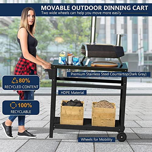 Outdoor Prep Dining Table,Movable Pizza Oven Stand, Stainless Steel Patio Bar Cart,Patio Grilling Backyard BBQ Grill Cart,Dark Gray Tabletop(Black)