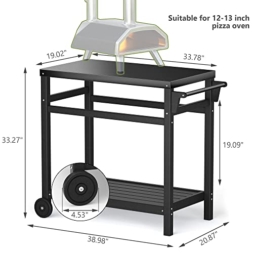 Outdoor Prep Dining Table,Movable Pizza Oven Stand, Stainless Steel Patio Bar Cart,Patio Grilling Backyard BBQ Grill Cart,Dark Gray Tabletop(Black)
