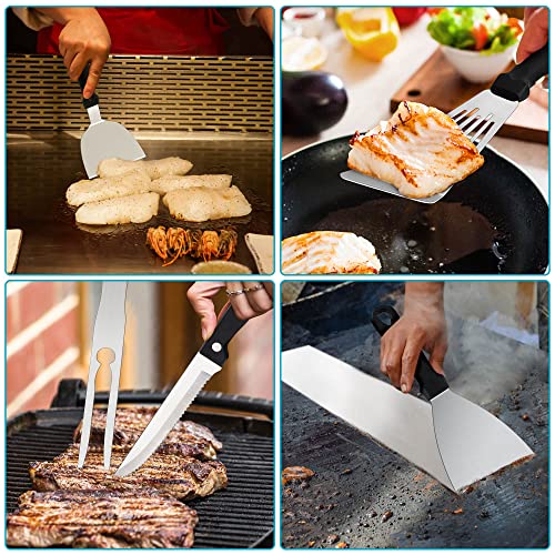 Leonyo Griddle Accessories Set of 27, Heavy Duty Stainless Steel Grill Griddle Metal Spatulas for Cast Iron Flat Top Teppanyaki Cooking, Burger Press, 3 Melting Domes(12β-9β-6.5β), 2 Carry Bags