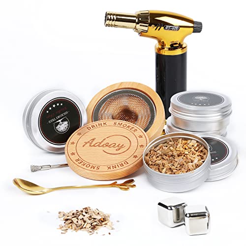 Adoay Cocktail Smoker Kit, Drink Smoker Gifts for Men w/4 Wood Chips/Torch/Whiskey Stones, Old Fashioned Smoker Kit Smoker Accessories for Whisky Smoker Bar Set Birthday Gifts