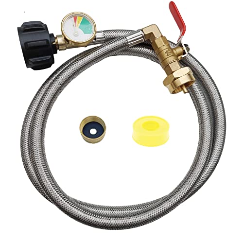 4FT/48 Inch Propane Refill Adapter Hose with Gauge Stainless Braided QCC1 Type Inlet Extension Propane Refill Hose with ON/Off Control Valve for 1LB Propane Gas Tank 350PSI High Pressure Camping