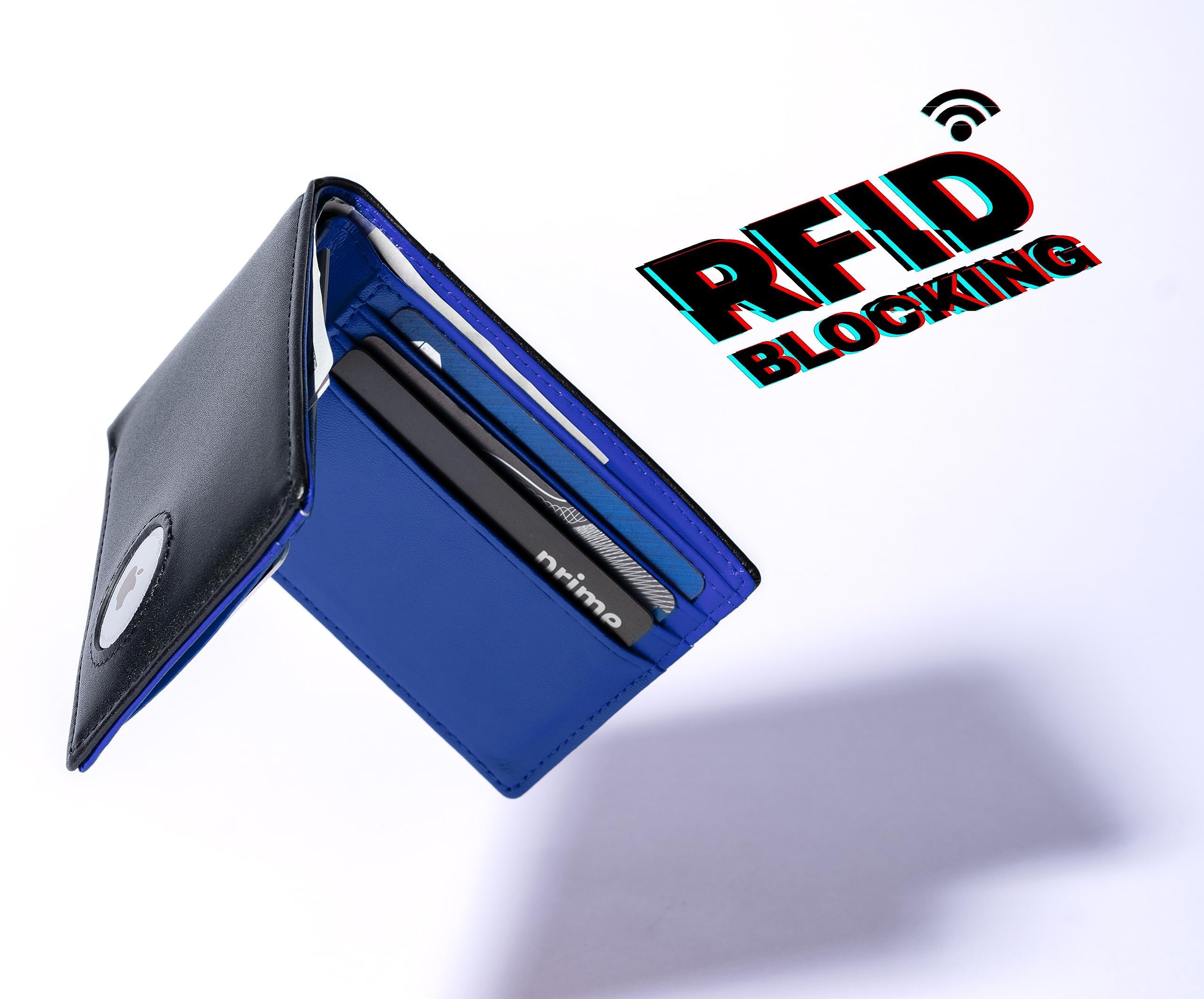 Mens Wallet with AirTag Holder, Slim Genuine Leather Bifold AirTag Wallet with Money Pocket, RFID Blocking, 9 Card Slots, Bill Divider, ID Window (Black & Midnight Blue)