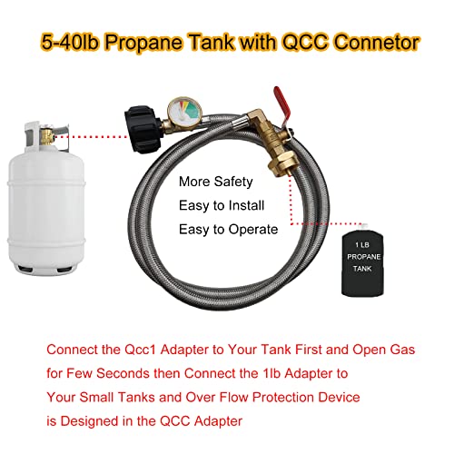 4FT/48 Inch Propane Refill Adapter Hose with Gauge Stainless Braided QCC1 Type Inlet Extension Propane Refill Hose with ON/Off Control Valve for 1LB Propane Gas Tank 350PSI High Pressure Camping
