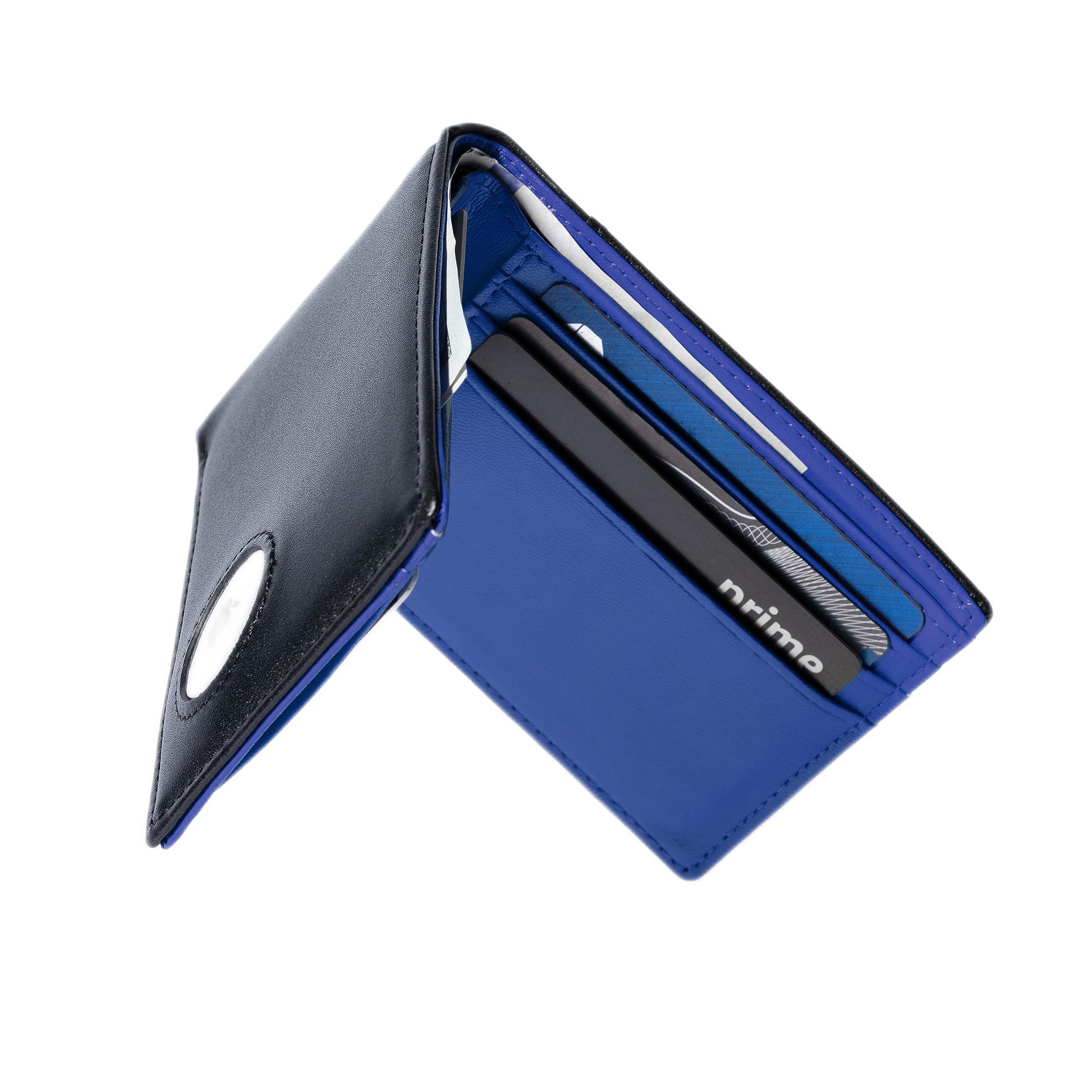 Mens Wallet with AirTag Holder, Slim Genuine Leather Bifold AirTag Wallet with Money Pocket, RFID Blocking, 9 Card Slots, Bill Divider, ID Window (Black & Midnight Blue)