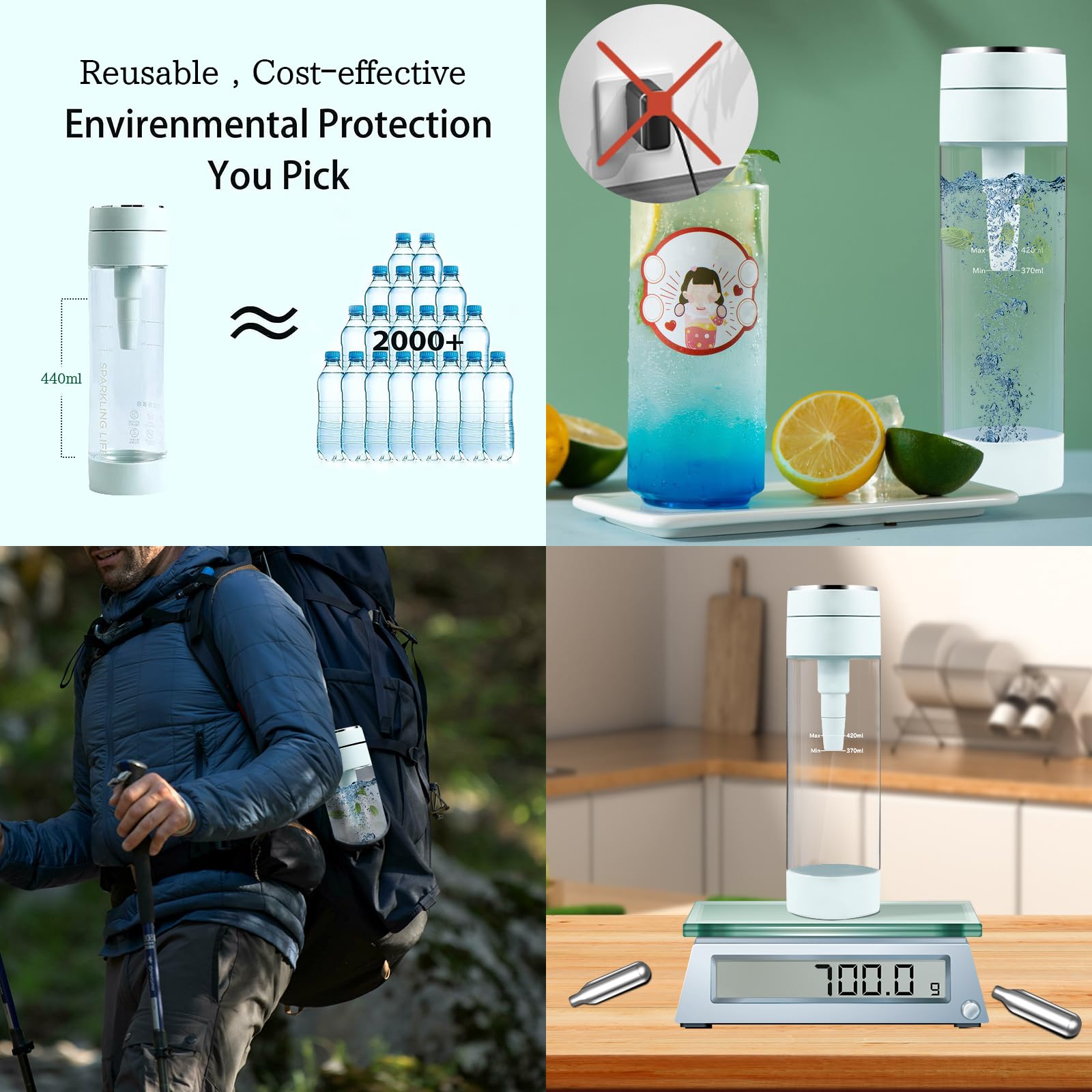 FXTNKYY Portable Sparkling Water Maker,440ml Soda Maker Machine, Personal Eltzer Machine for Home and Outdoor Use ,Carbonated Water Machine No Electricity,BPA Free