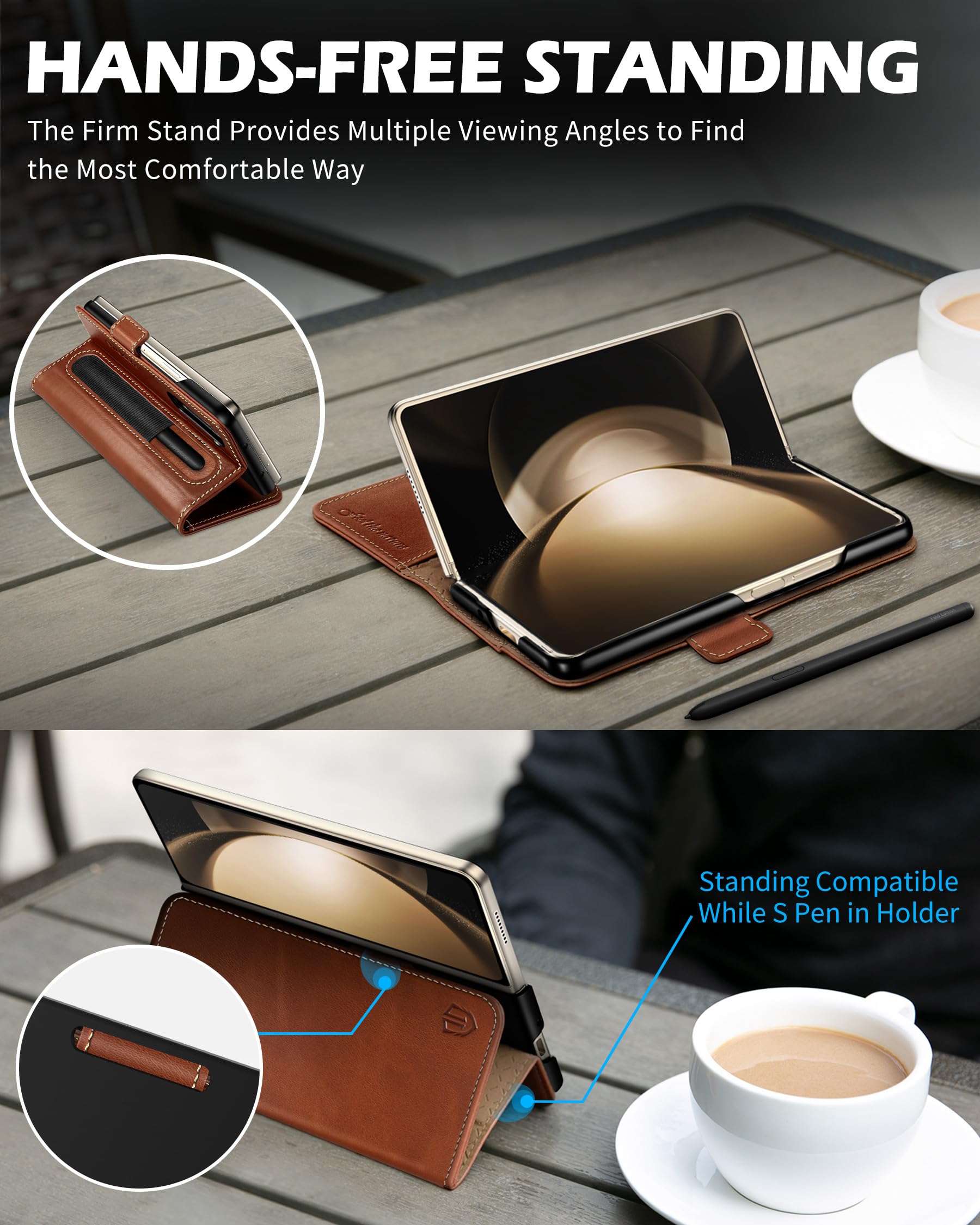 SHIELDON Case for Galaxy Z Fold 5, Genuine Leather Wallet Shockproof Case Flip Magnetic Kickstand RFID Blocking Credit Card Slot with S Pen Holder Compatible with Galaxy Z Fold5 7.6" - Retro Brown