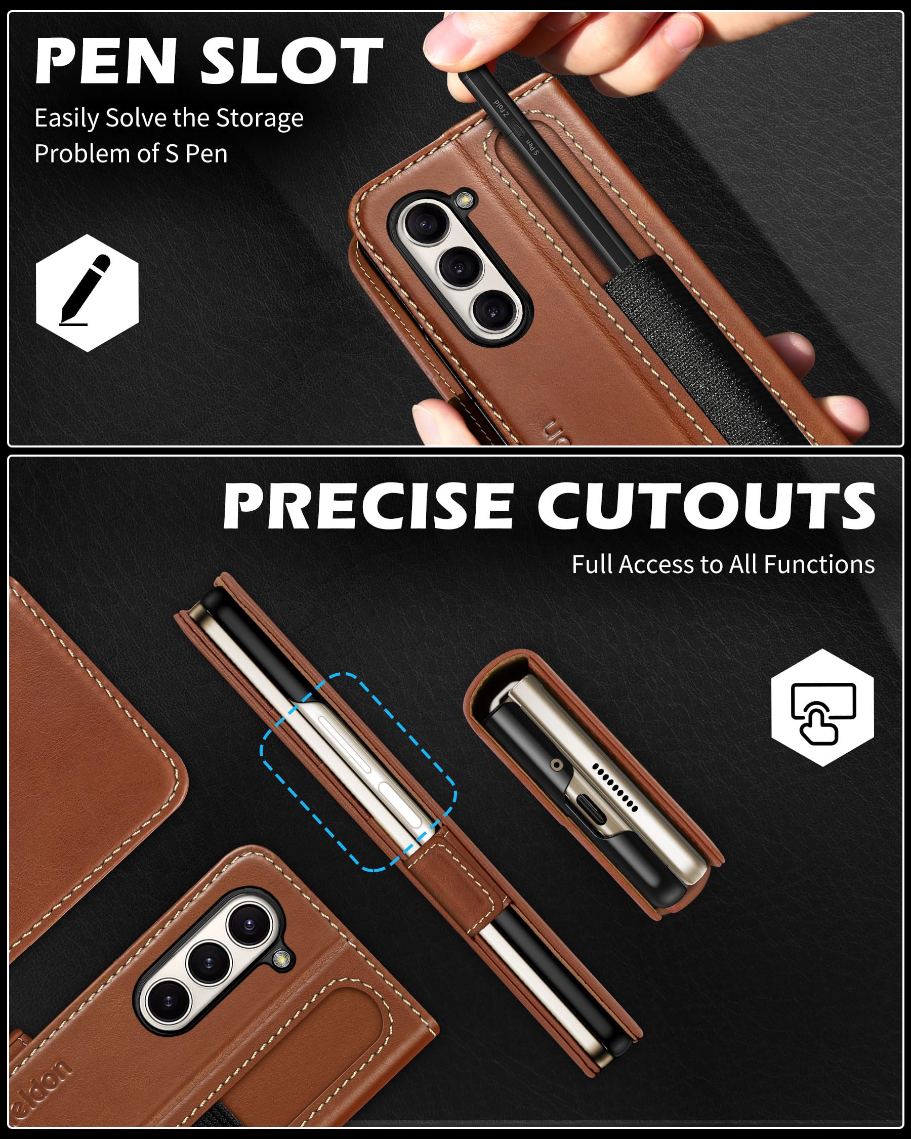 SHIELDON Case for Galaxy Z Fold 5, Genuine Leather Wallet Shockproof Case Flip Magnetic Kickstand RFID Blocking Credit Card Slot with S Pen Holder Compatible with Galaxy Z Fold5 7.6" - Retro Brown