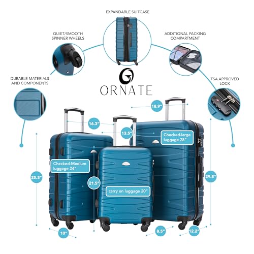 O ORNATE Luggage Sets 3 Piece Luggage Set - Hard luggage sets with spinner wheels and TSA Lock - Lightweight Expandable Suitcase Set (sizes 20",24",28") (champagne)