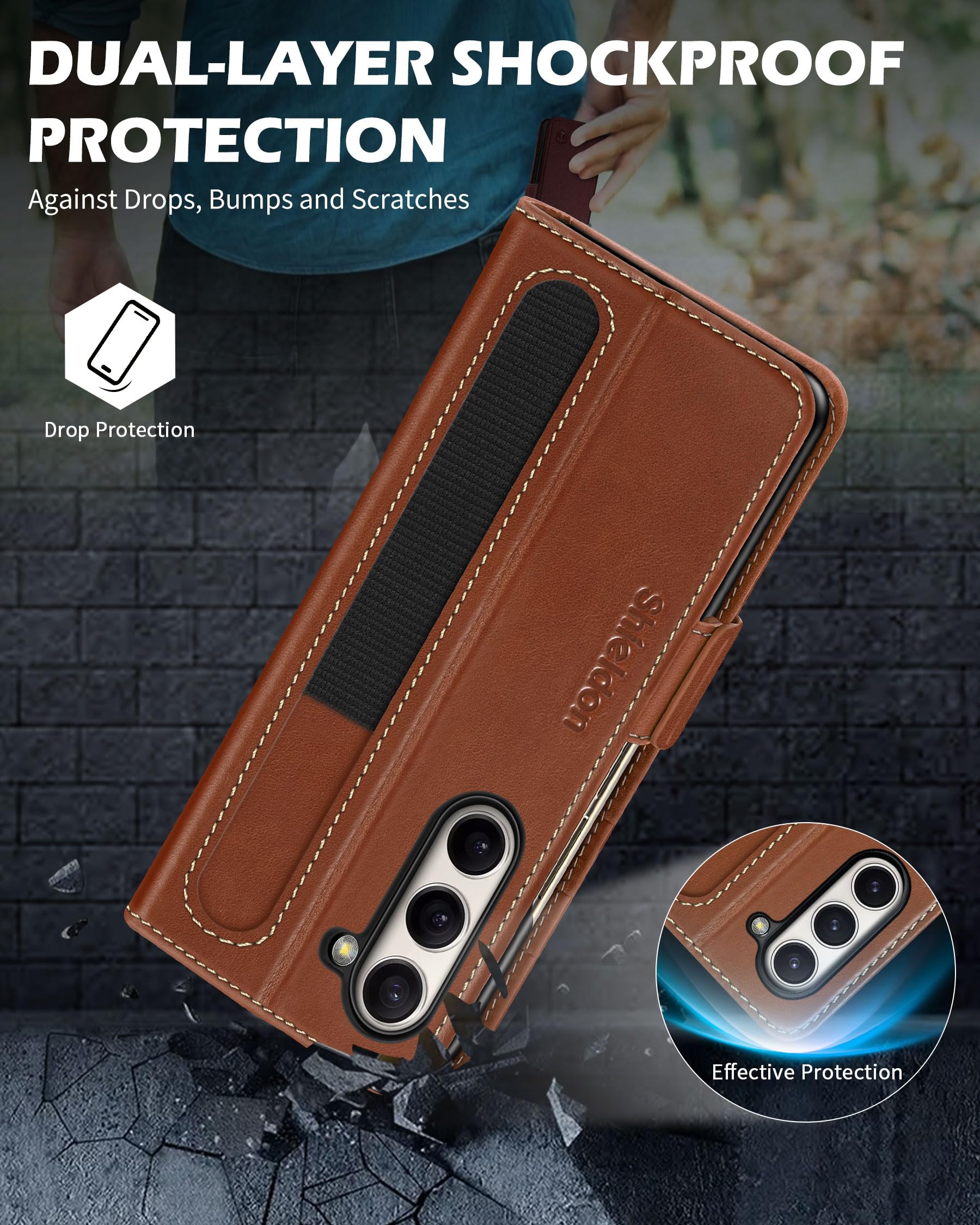 SHIELDON Case for Galaxy Z Fold 5, Genuine Leather Wallet Shockproof Case Flip Magnetic Kickstand RFID Blocking Credit Card Slot with S Pen Holder Compatible with Galaxy Z Fold5 7.6" - Retro Brown