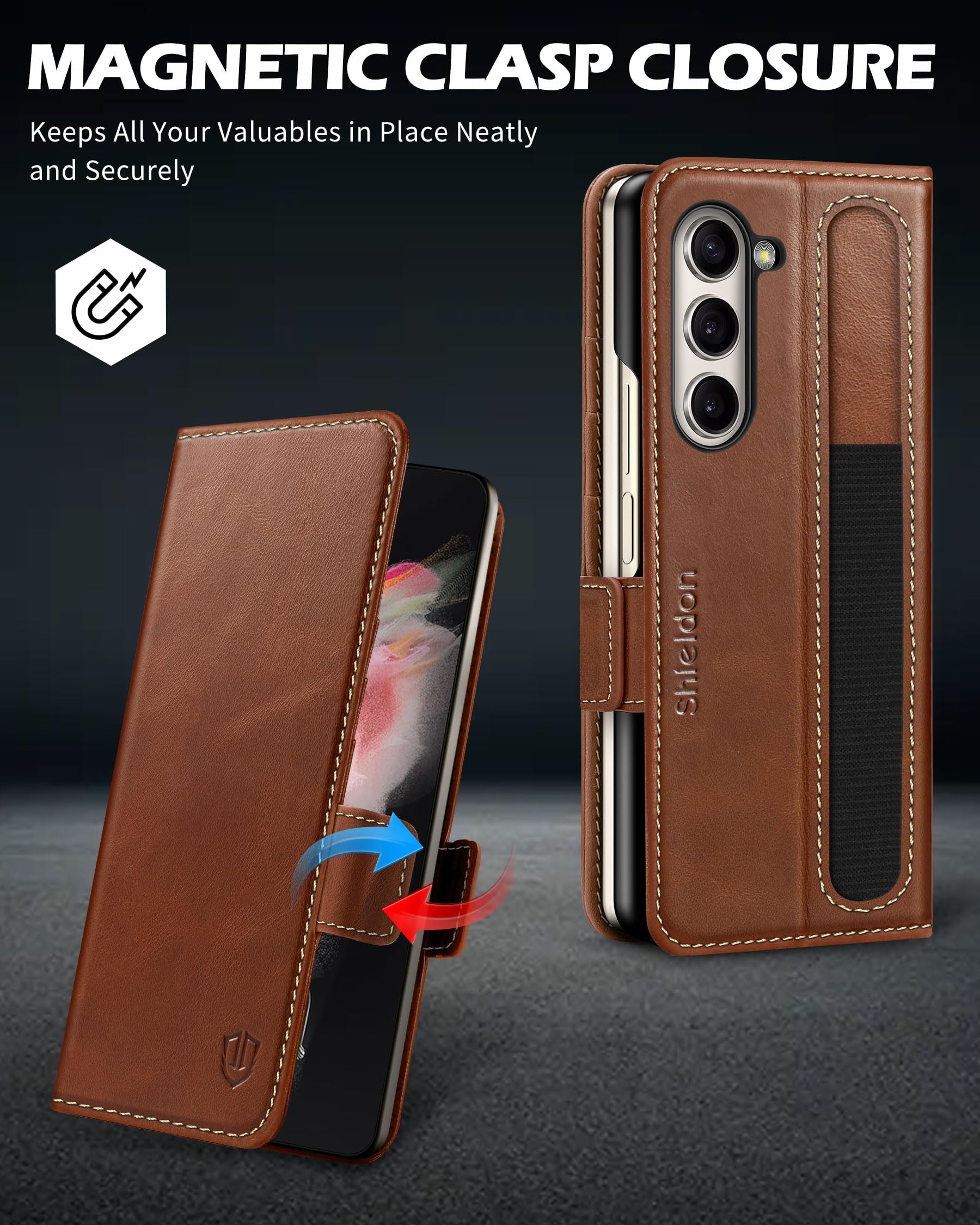SHIELDON Case for Galaxy Z Fold 5, Genuine Leather Wallet Shockproof Case Flip Magnetic Kickstand RFID Blocking Credit Card Slot with S Pen Holder Compatible with Galaxy Z Fold5 7.6" - Retro Brown