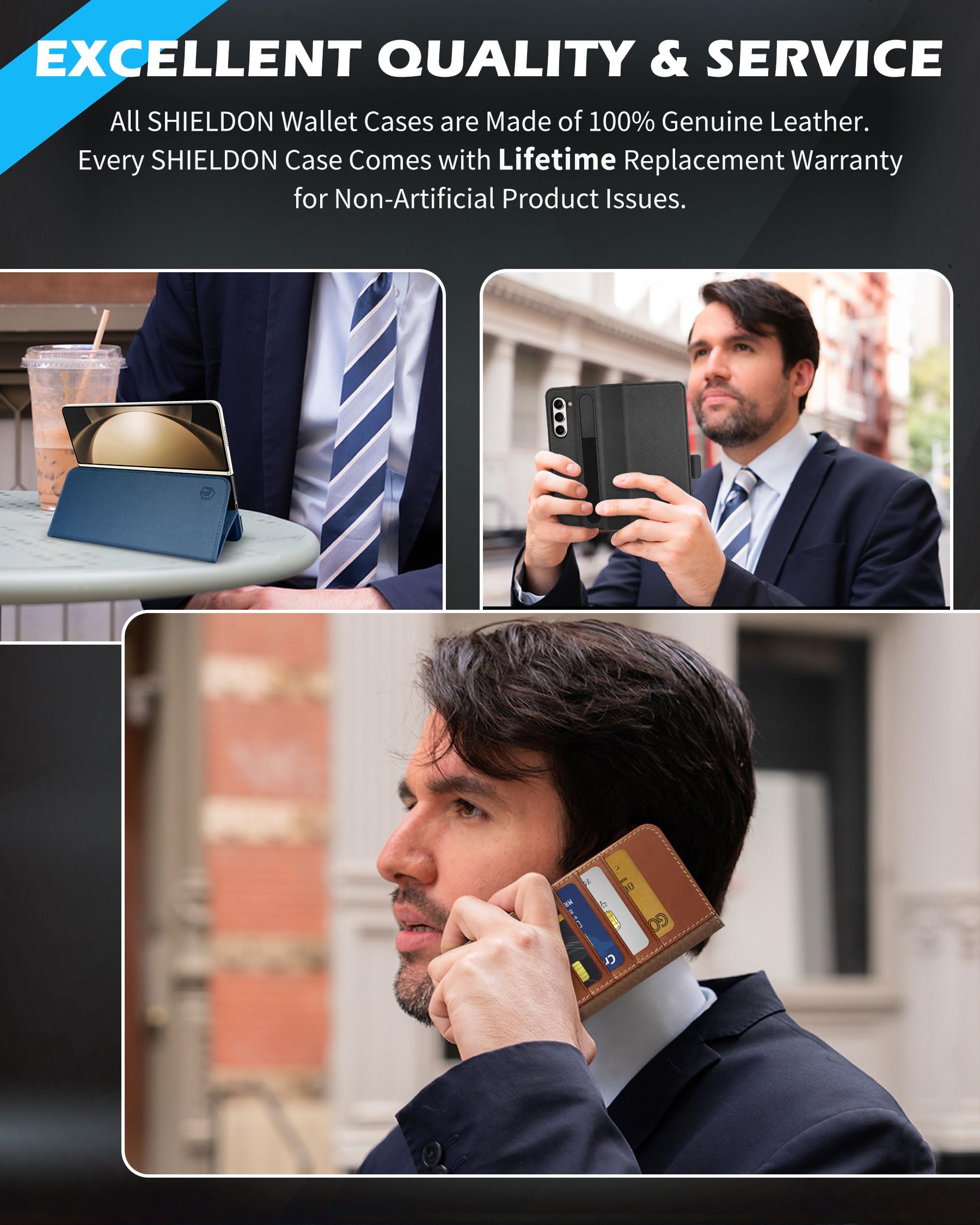 SHIELDON Case for Galaxy Z Fold 5, Genuine Leather Wallet Shockproof Case Flip Magnetic Kickstand RFID Blocking Credit Card Slot with S Pen Holder Compatible with Galaxy Z Fold5 7.6" - Retro Brown
