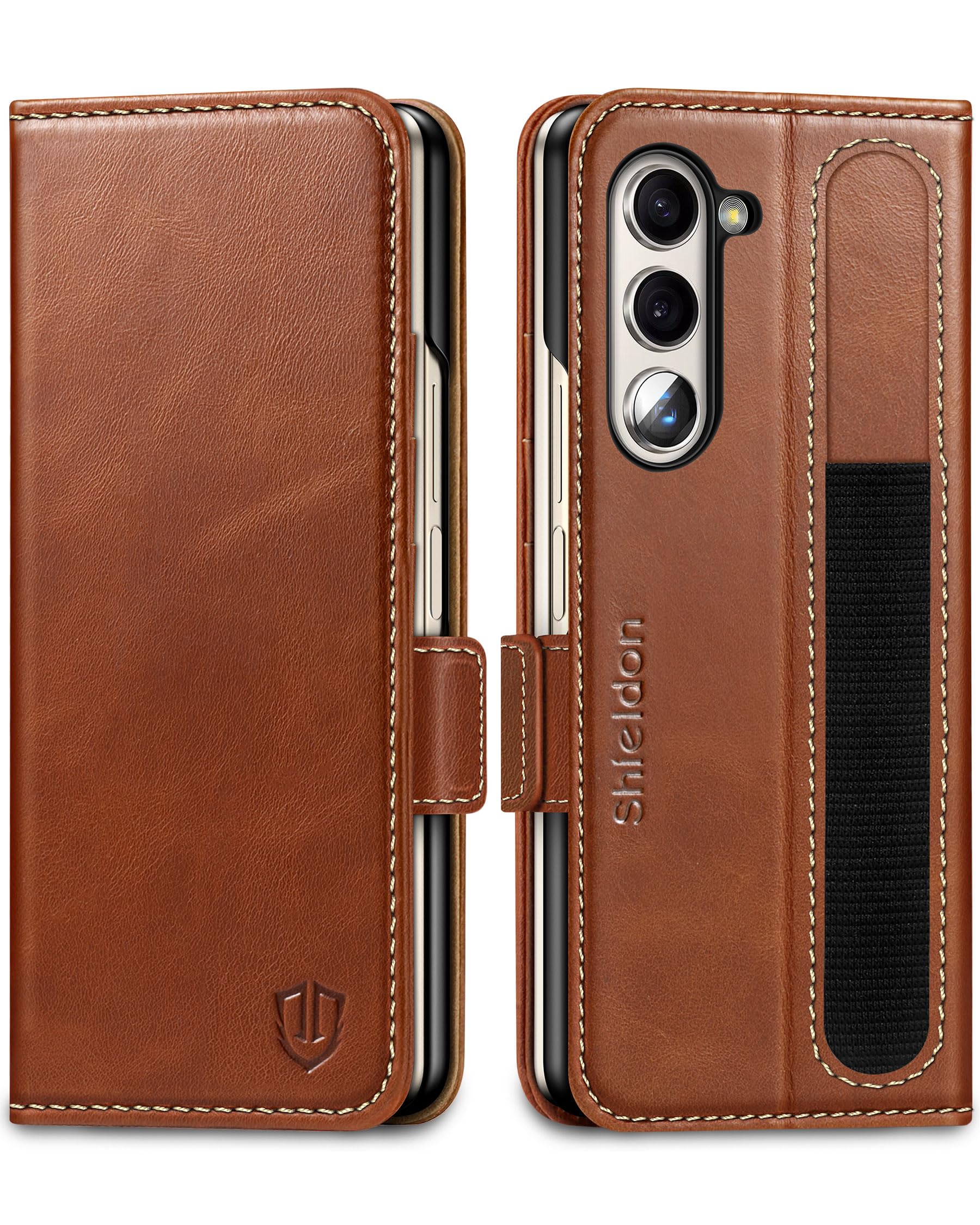 SHIELDON Case for Galaxy Z Fold 5, Genuine Leather Wallet Shockproof Case Flip Magnetic Kickstand RFID Blocking Credit Card Slot with S Pen Holder Compatible with Galaxy Z Fold5 7.6" - Retro Brown