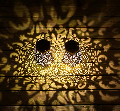 WSgift 2 Pack Hanging Solar Lantern Metal LED Table Lamp Outdoor Solar Hollow-Out Lights with Handle, 6 lumens, 5.5 x 5.5 x 7.5 Inch, Antique Bronze