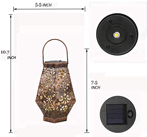WSgift 2 Pack Hanging Solar Lantern Metal LED Table Lamp Outdoor Solar Hollow-Out Lights with Handle, 6 lumens, 5.5 x 5.5 x 7.5 Inch, Antique Bronze