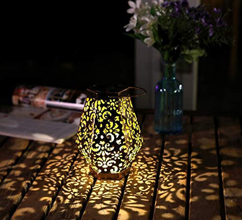 WSgift 2 Pack Hanging Solar Lantern Metal LED Table Lamp Outdoor Solar Hollow-Out Lights with Handle, 6 lumens, 5.5 x 5.5 x 7.5 Inch, Antique Bronze