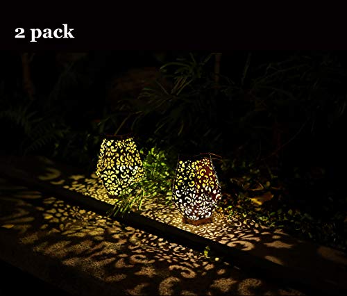 WSgift 2 Pack Hanging Solar Lantern Metal LED Table Lamp Outdoor Solar Hollow-Out Lights with Handle, 6 lumens, 5.5 x 5.5 x 7.5 Inch, Antique Bronze